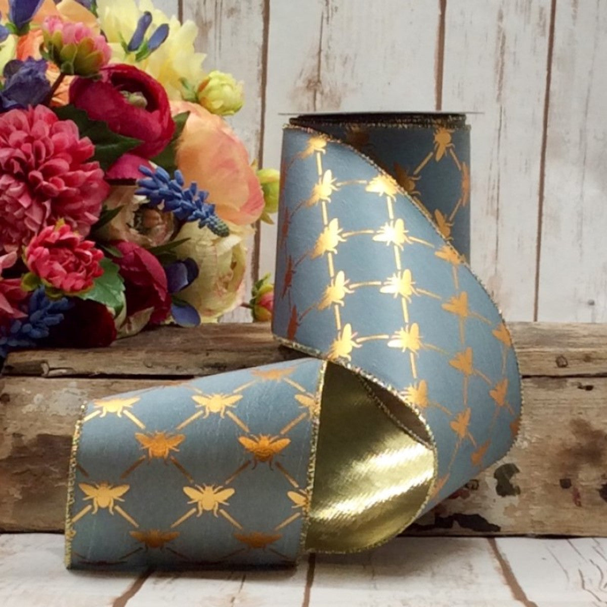 Metallic Gold Bees on Taffeta Blue Ribbon | Findlay Rowe Designs